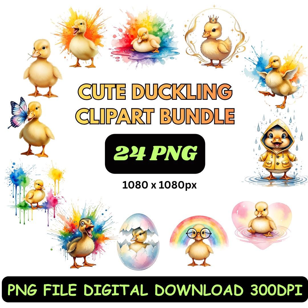 Duckling Clipart Bundle 24 PNG | Cute Baby Duck Illustrations for Wall ...