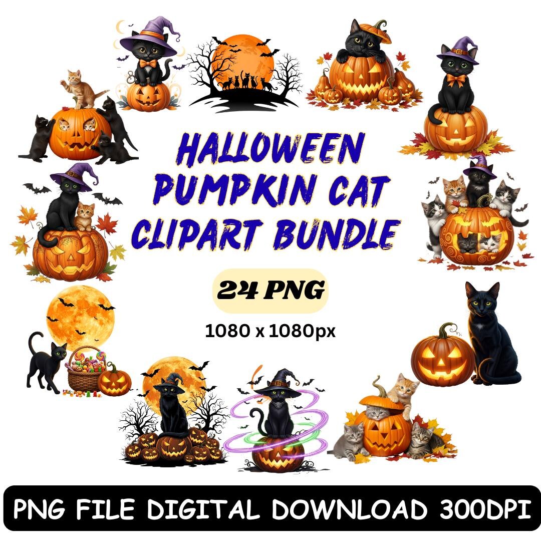 Halloween Pumpkin Cat Clipart Bundle | Witch Black Cats (PNG) - Etsy