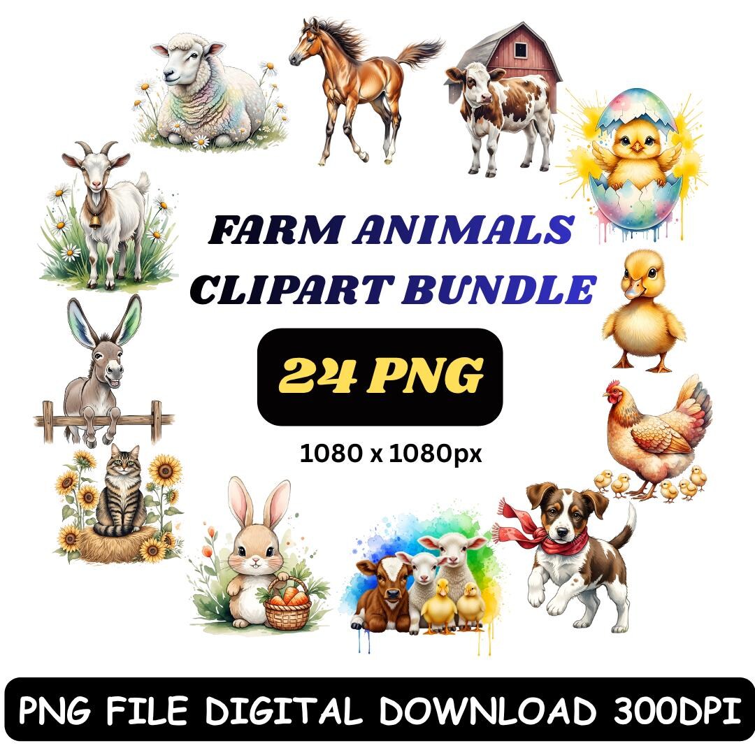 Farm Animals Clipart Bundle 24 PNG | Cute Farm Animal Pngs for Stickers ...