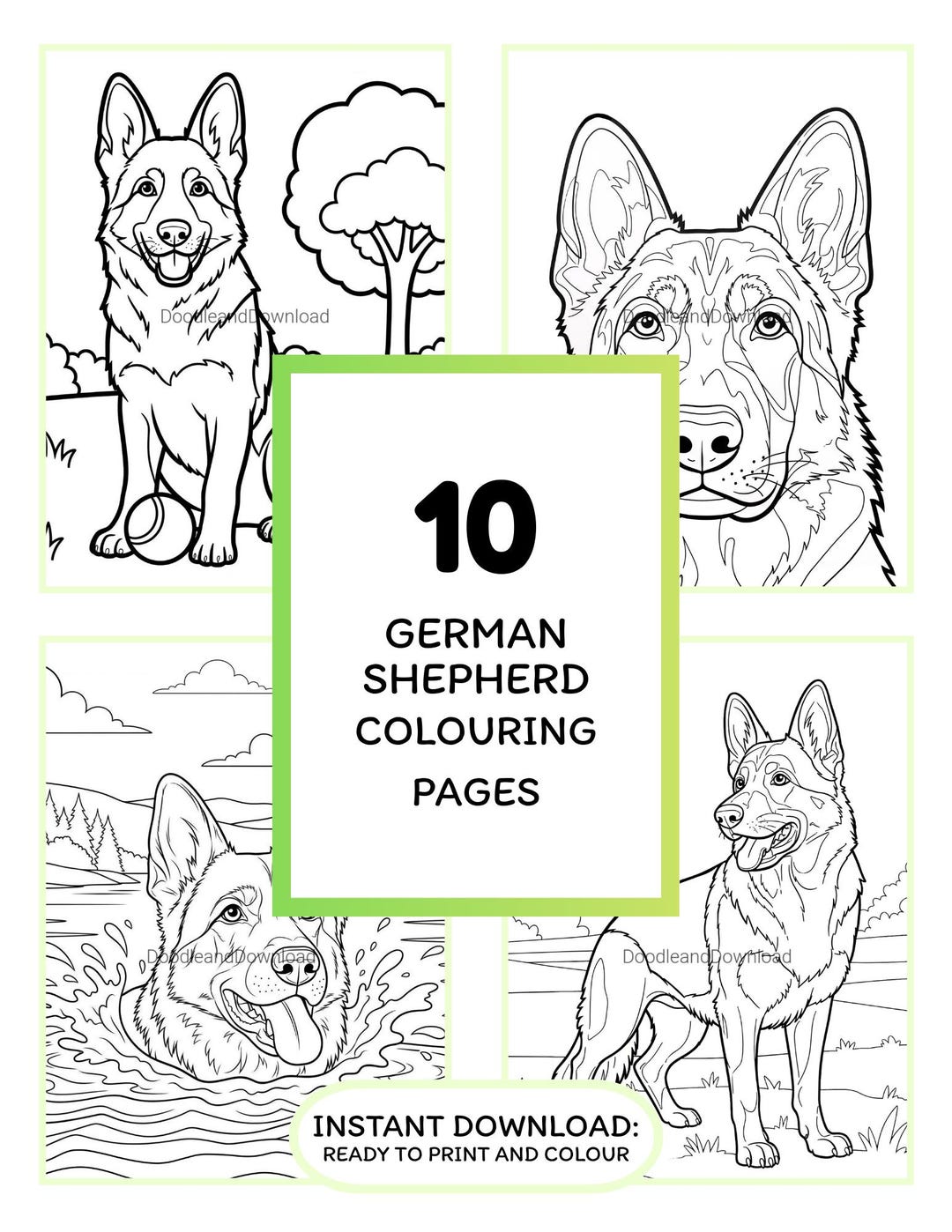 German Shepherd Dog Coloring Page Bundle - 10 Printable Pages, Instant ...