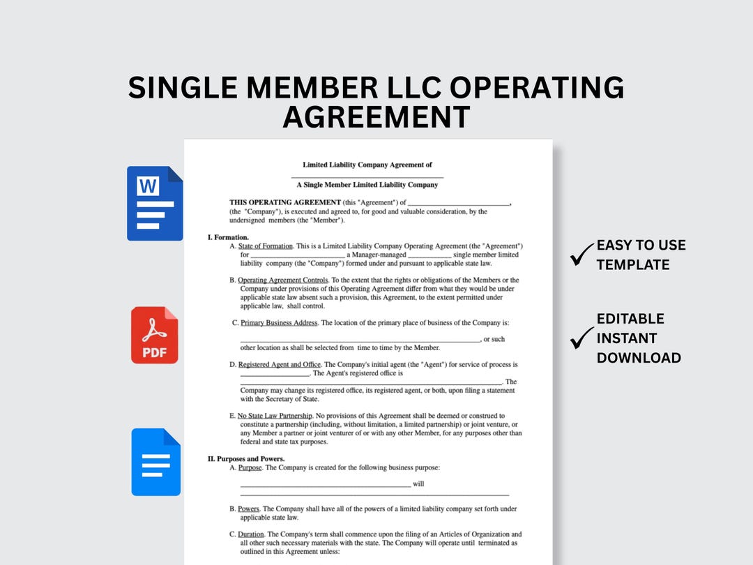 Single Member LLC Operating Agreement Template | Editable Word + PDF ...