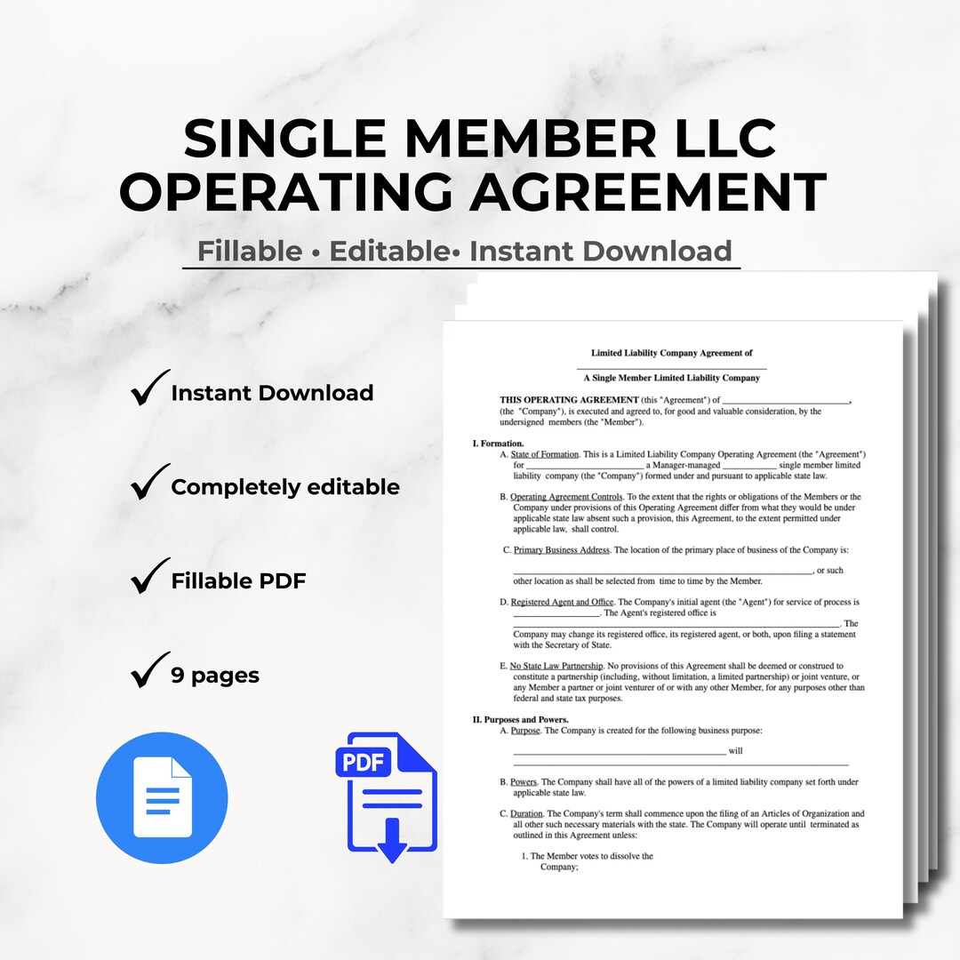 Single Member LLC Operating Agreement Template | Google Docs & PDF ...