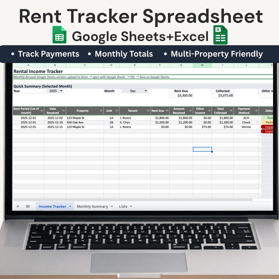 Landlord Rent Tracker Spreadsheet | Google Sheets & Excel (digital ...