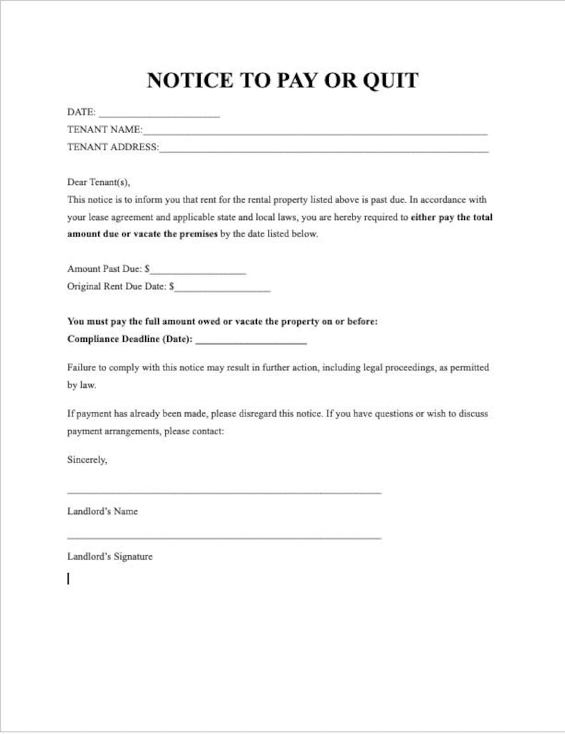 Notice to Pay or Quit Template | Pay Rent or Vacate Notice | Editable ...