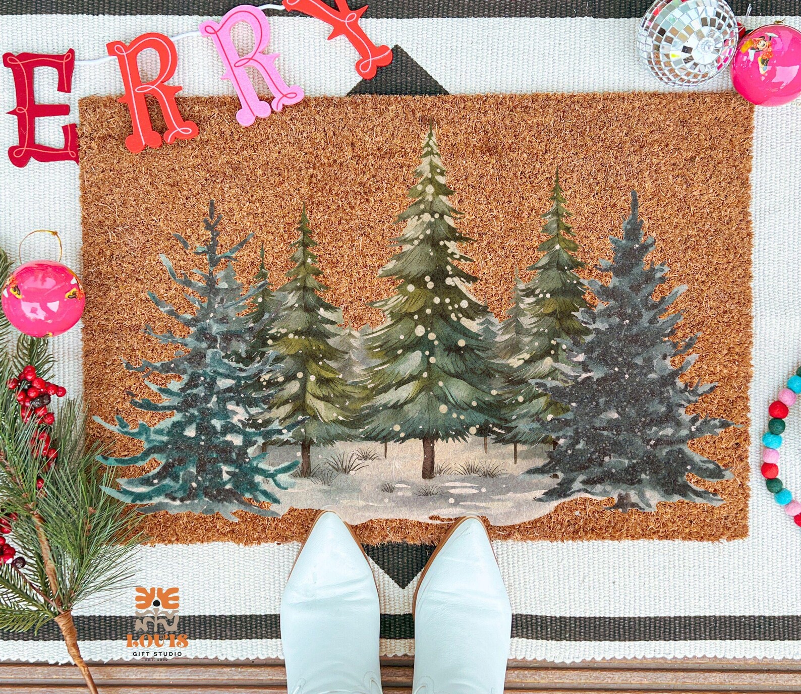 Pine Tree Forest Doormat, Watercolor Christmas Welcome Mat, Evergreen ...