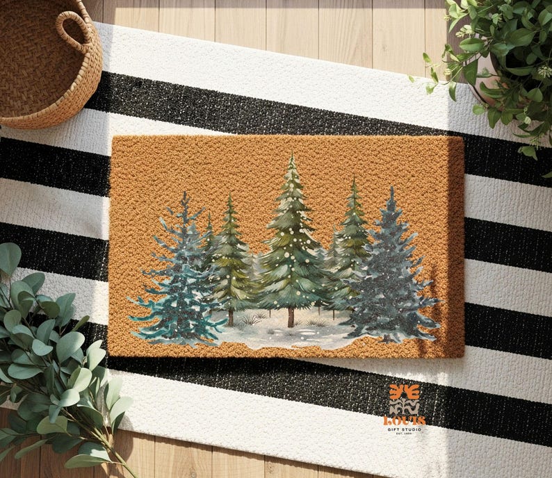 Pine Tree Forest Doormat, Watercolor Christmas Welcome Mat, Evergreen ...