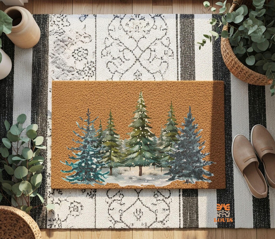 Pine Tree Forest Doormat, Watercolor Christmas Welcome Mat, Evergreen ...