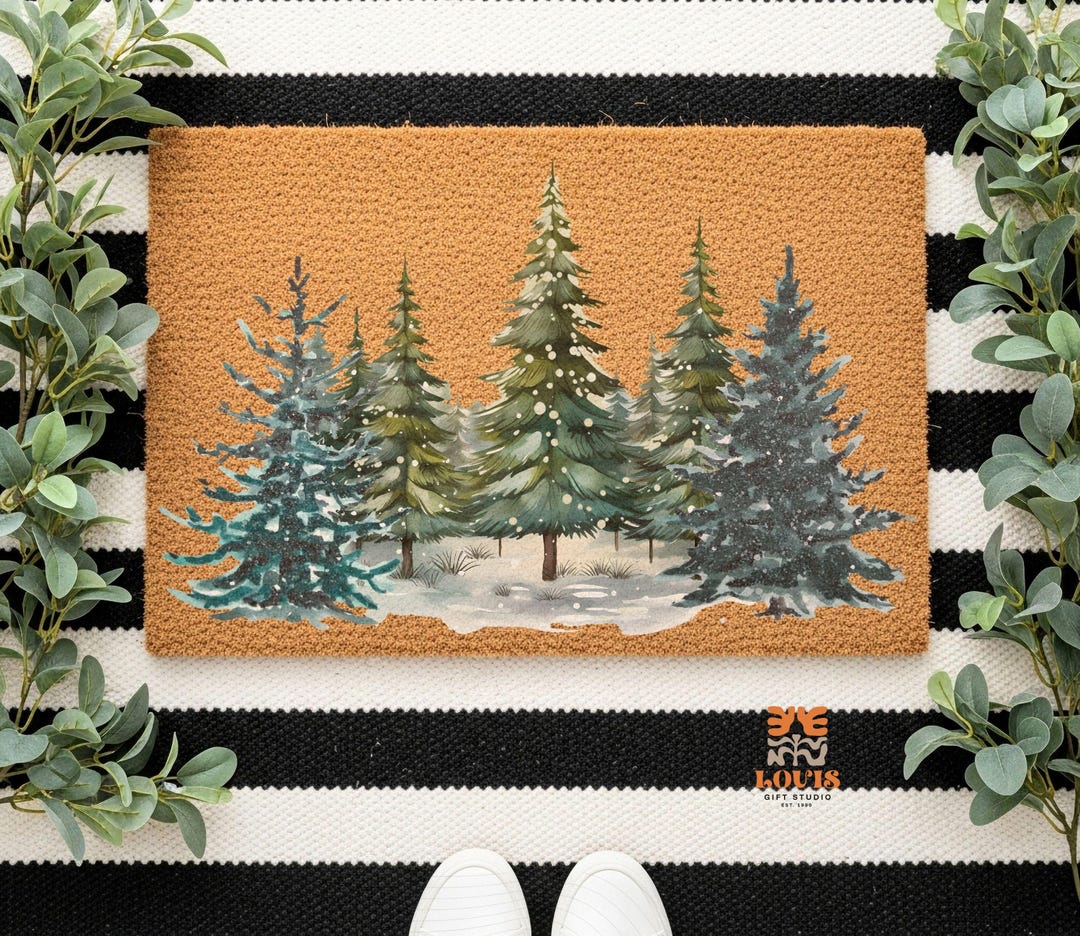 Pine Tree Forest Doormat, Watercolor Christmas Welcome Mat, Evergreen ...