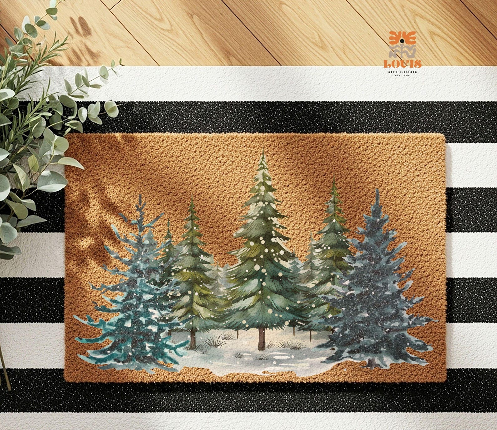 Pine Tree Forest Doormat, Watercolor Christmas Welcome Mat, Evergreen ...