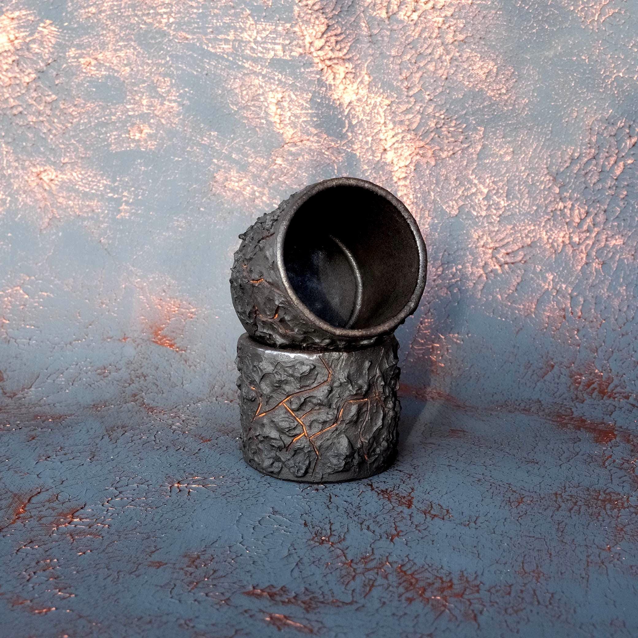 Handmade Ceramic Espresso Cup Set - Lava Textured Black Stone Coffee ...