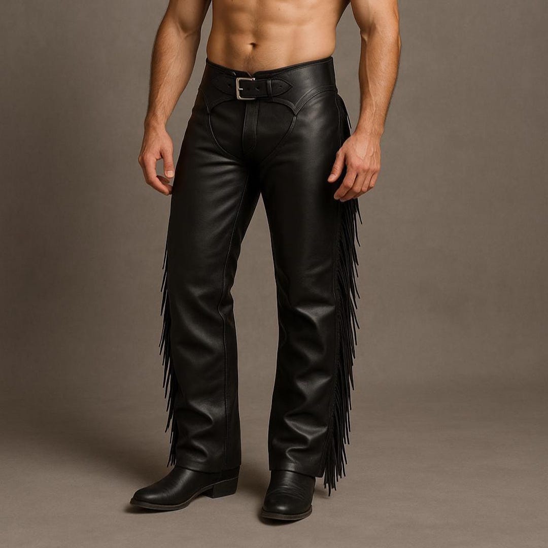Men’s Black Leather Rodeo Chaps (pants Style) With Fringes – Bull ...