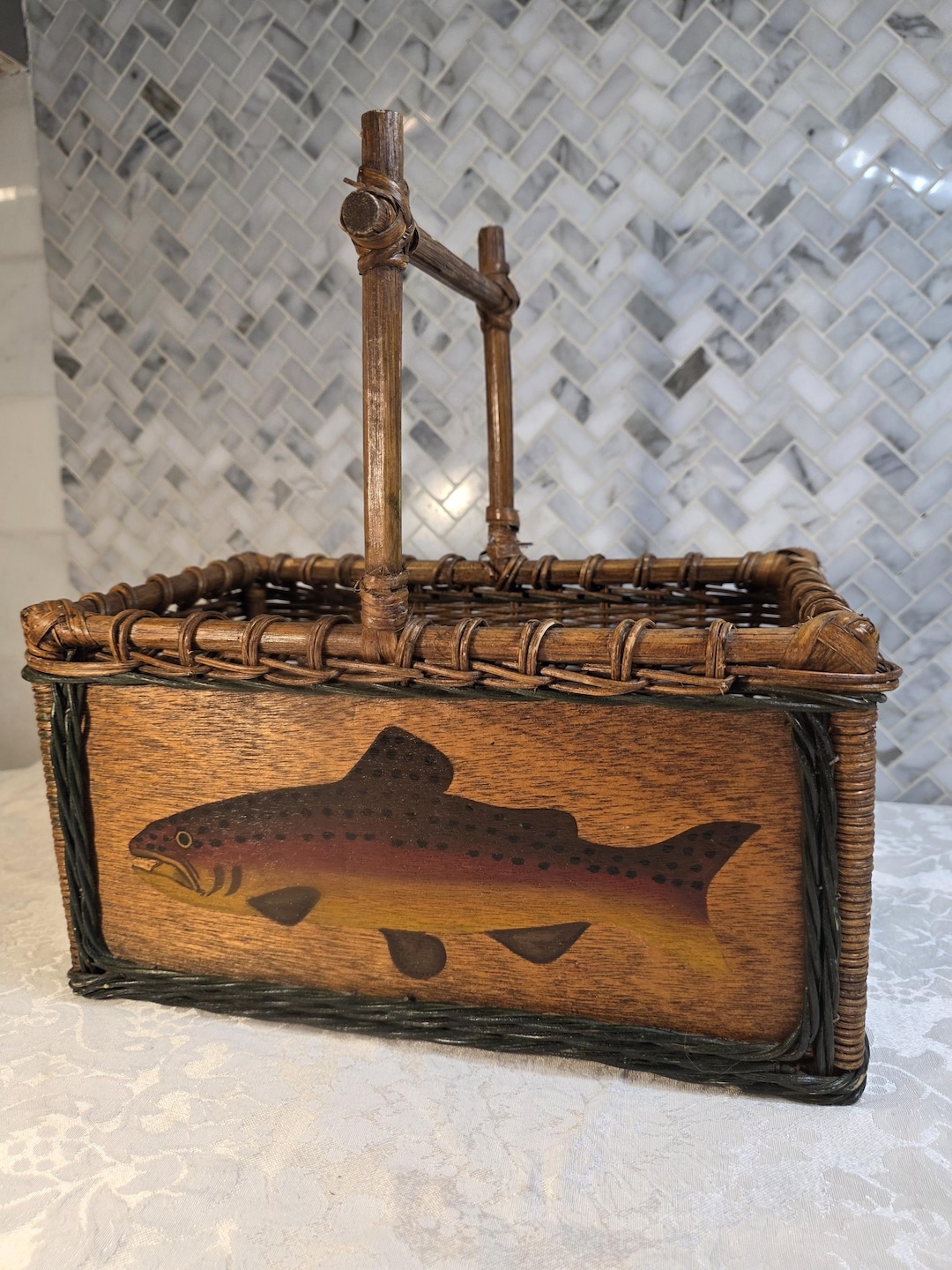 Collectible Vintage Wooden and Wicker Speckled Trout Fishing Creel ...