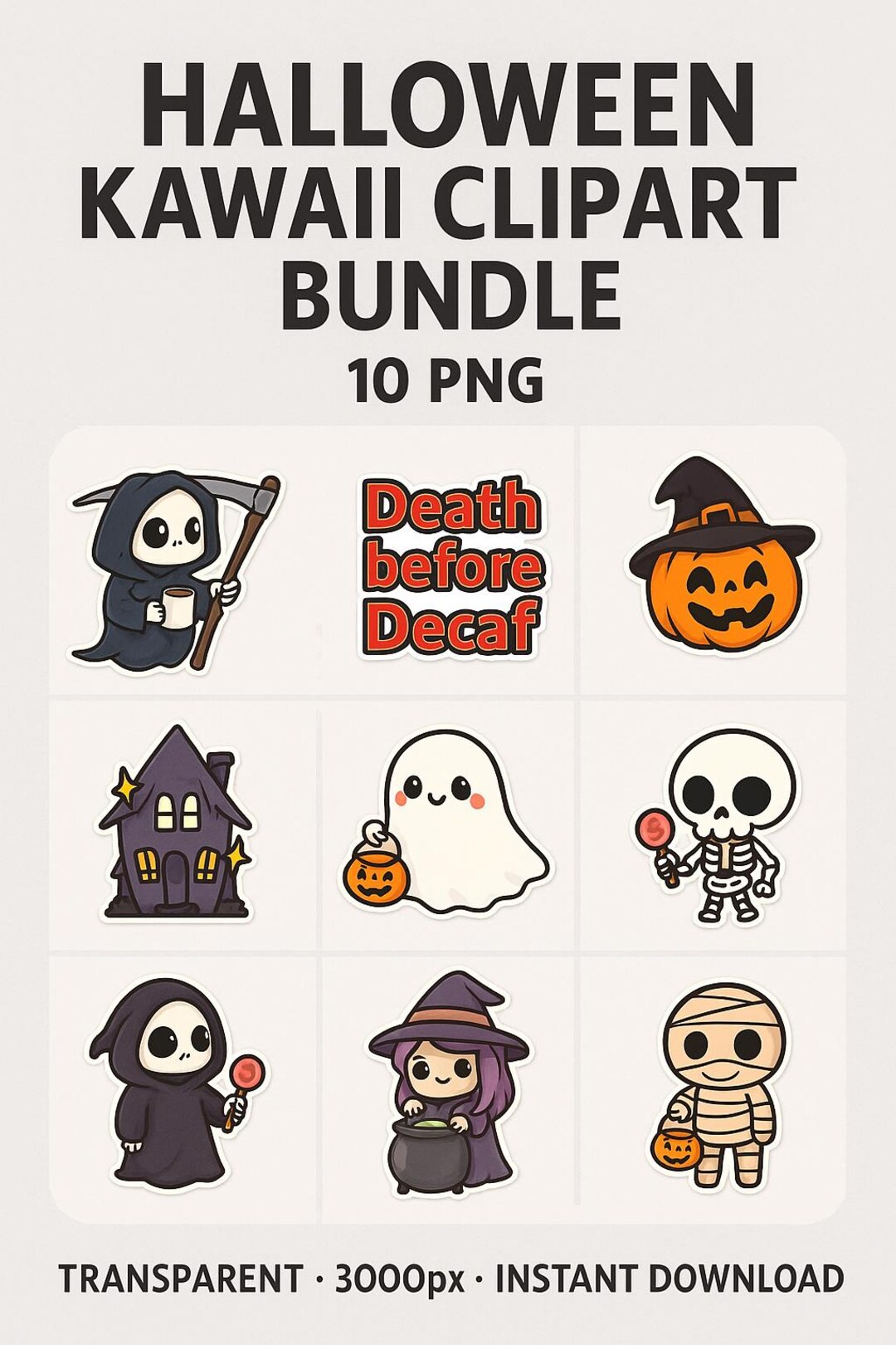 Halloween Kawaii Clipart Bundle | 10 PNG Stickers | Cute Reaper, Ghost ...