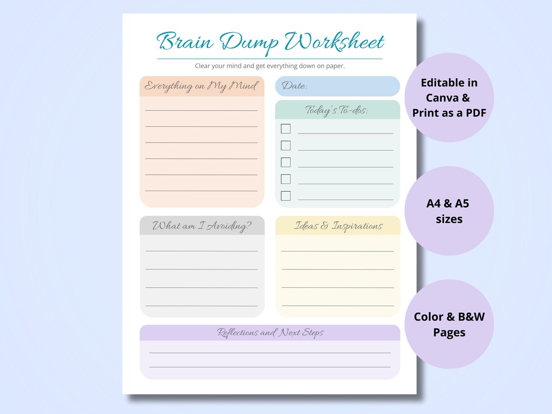 Brain Dump Worksheet Printable | Pastel, Black and White | Editable ...