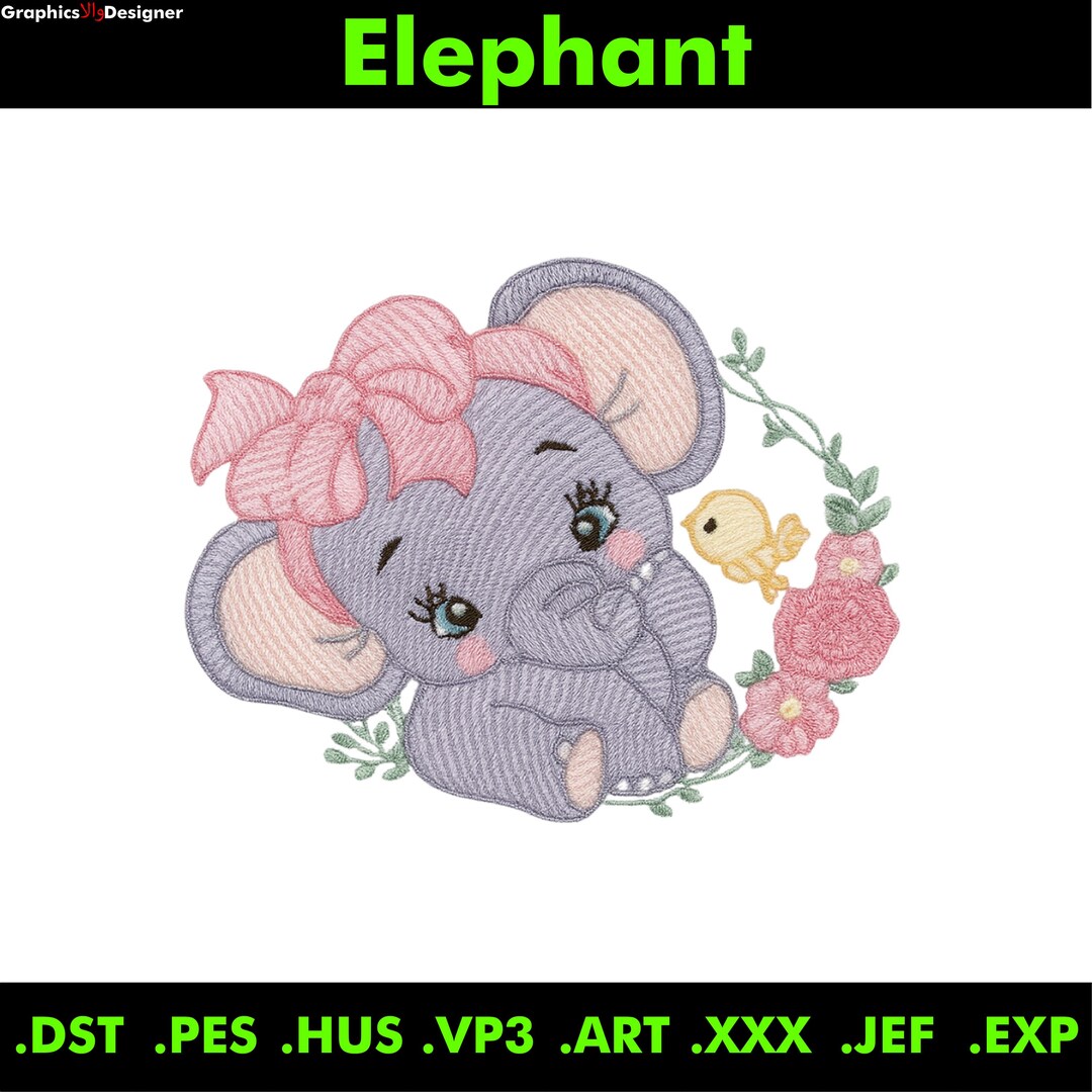 Baby Elephant Embroidery Design, Cute Animal Machine Embroidery File ...