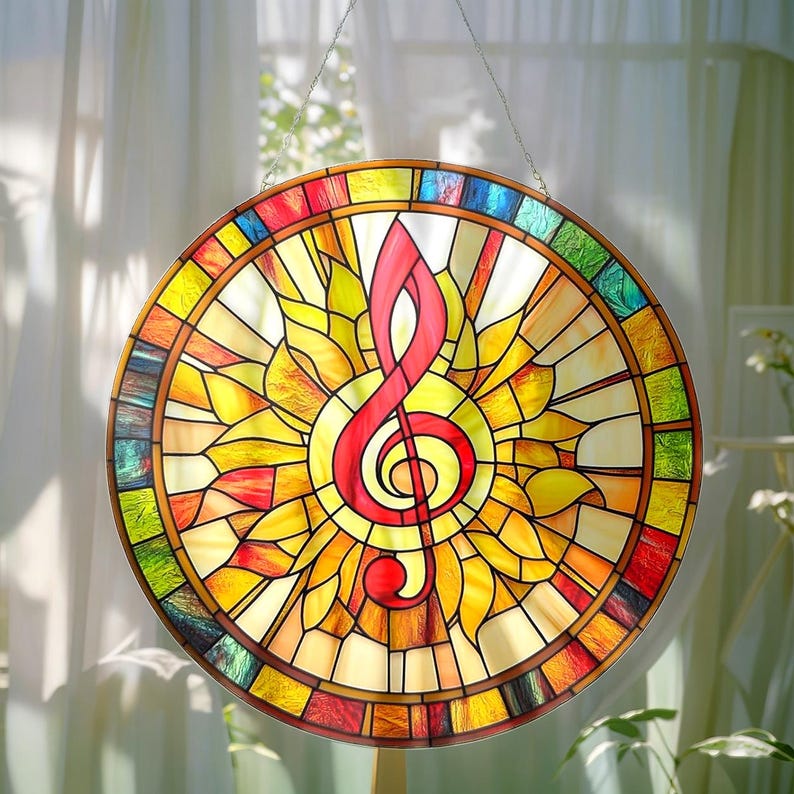Treble Clef Sun Faux Stained Glass Acrylic Suncatcher, Music Note ...