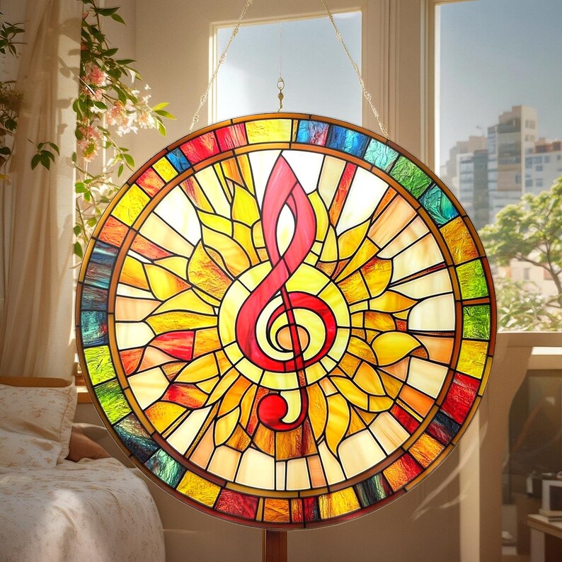 Treble Clef Sun Faux Stained Glass Acrylic Suncatcher, Music Note ...