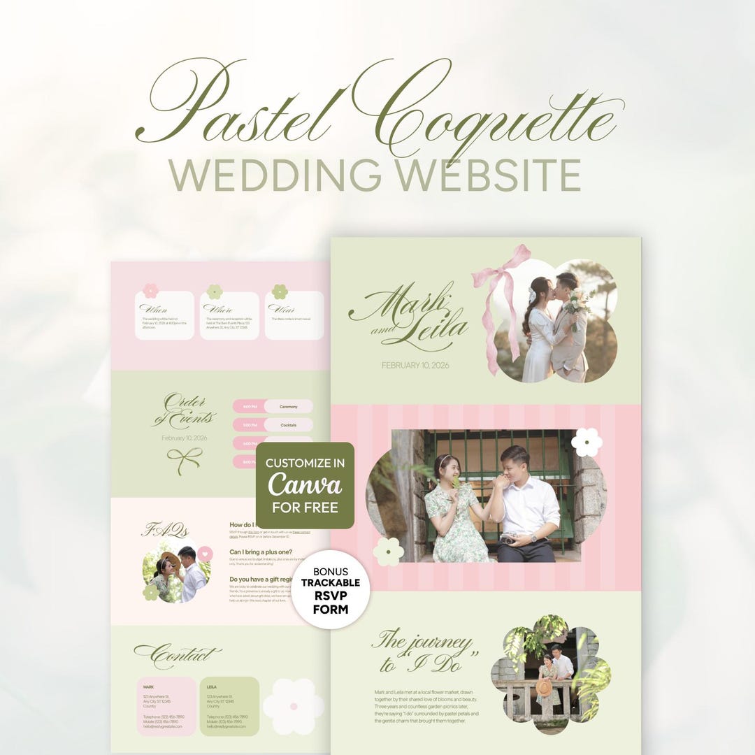 Pastel Coquette Garden Wedding Website Template: Canva Editable ...