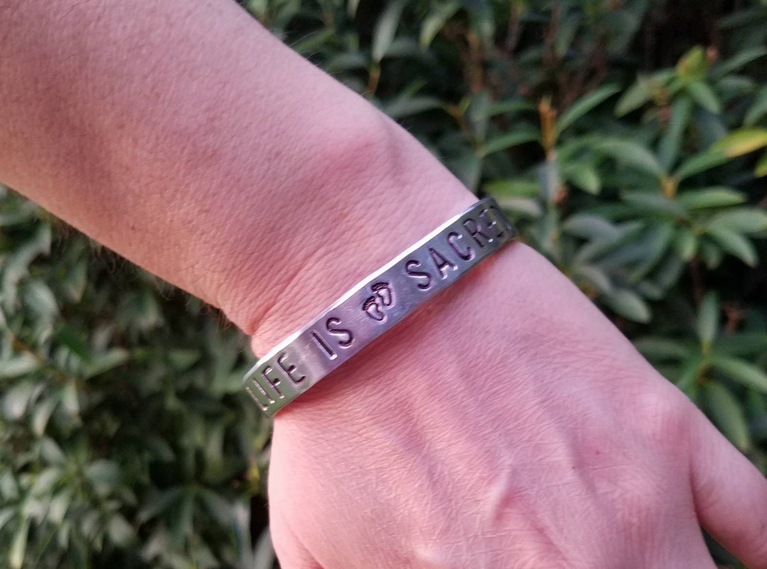 Pro Life Bracelet With Baby Footprint Life is Sacred Hand Stamped Cuff ...