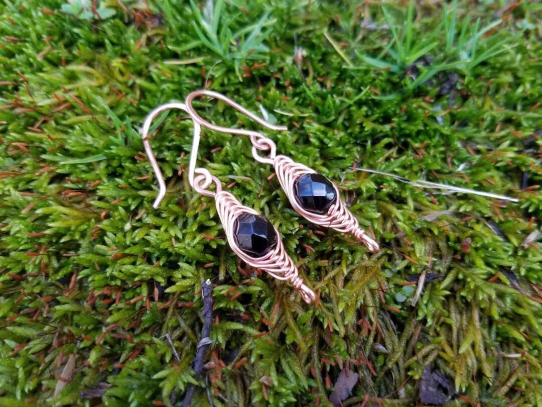 Copper Herringbone Earrings Black Glass Earrings Copper Wire Wrap Black ...
