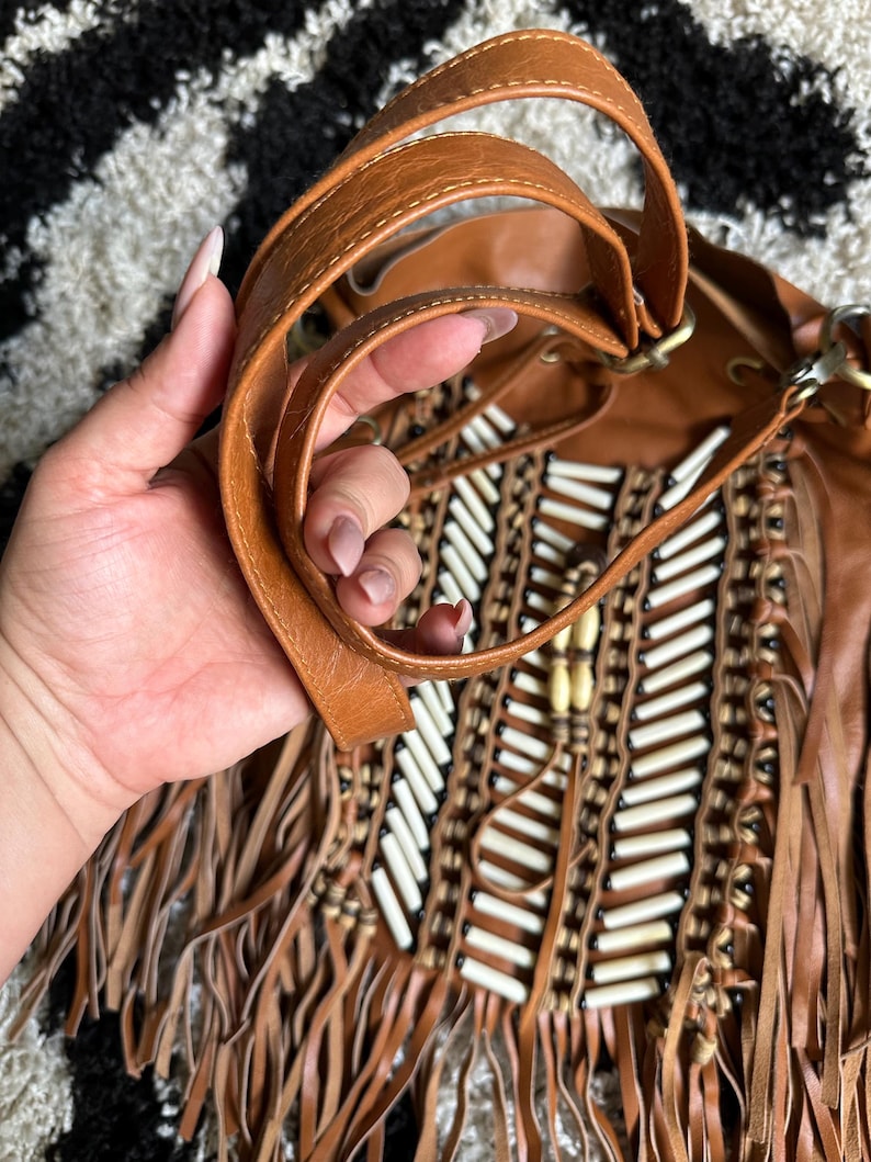 Rare Boho Caramel Fringe Crossbody Bag With Wooden Decor - Etsy
