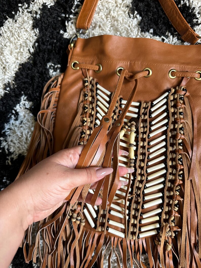Rare Boho Caramel Fringe Crossbody Bag With Wooden Decor - Etsy