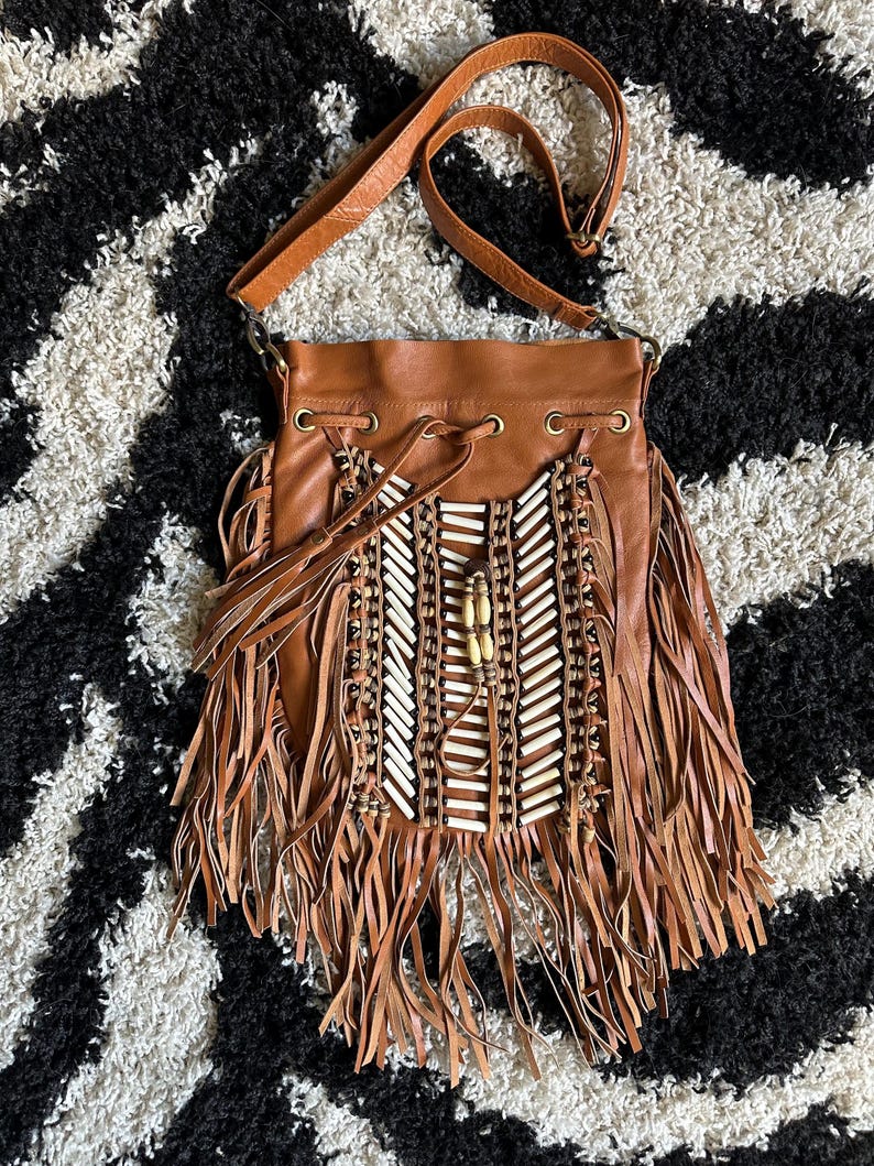 Rare Boho Caramel Fringe Crossbody Bag With Wooden Decor - Etsy