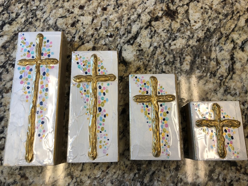 Hand Painted Gold Cross Art Block: Colorful Dots Textured Resin Finish ...