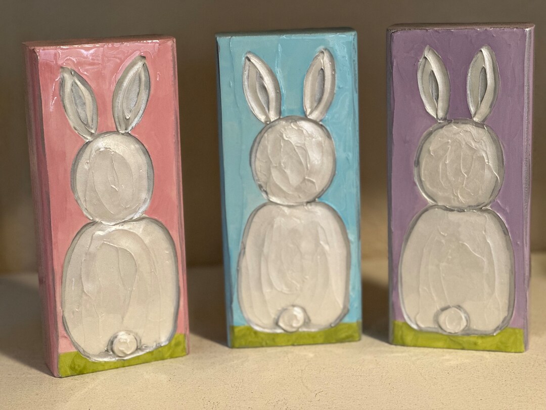 Textured Bunny Rabbit Easter Hand Painted Wood Art Block Assorted Sizes ...