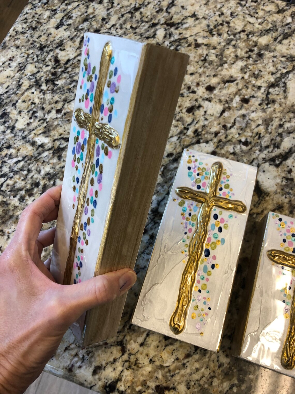 Hand Painted Gold Cross Art Block: Colorful Dots Textured Resin Finish ...