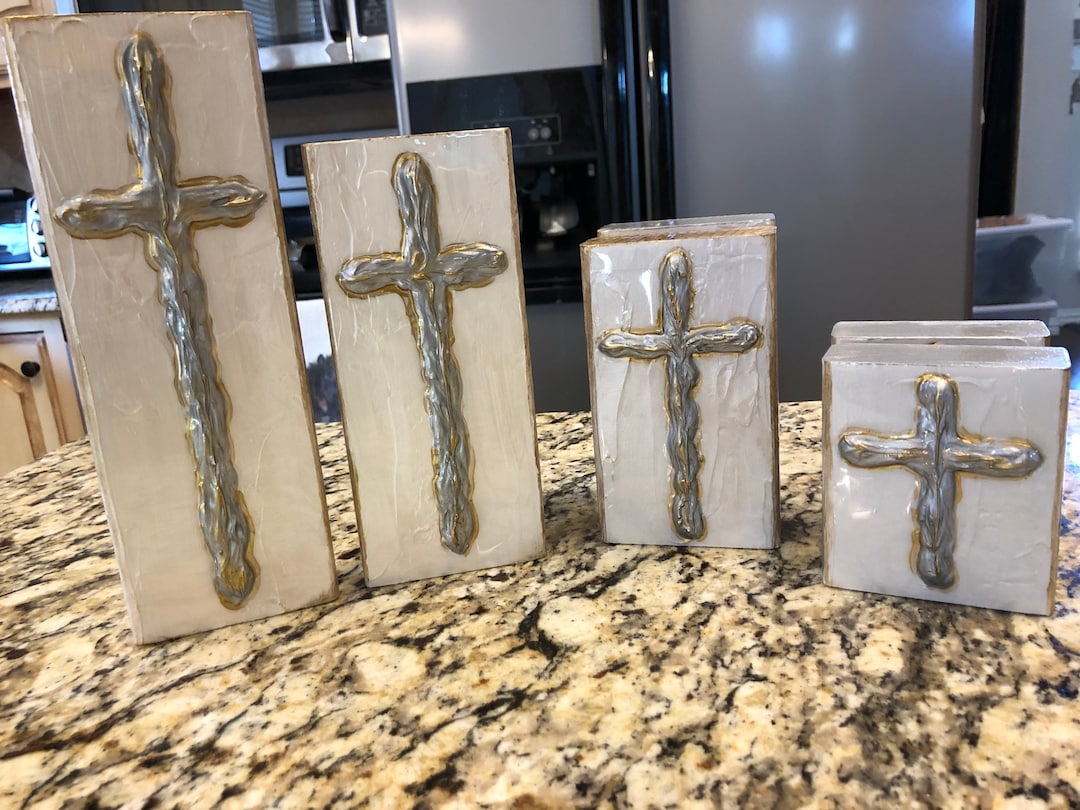 Cross Block Silver and Gold Cross Hand Painted Textured Art Block ...