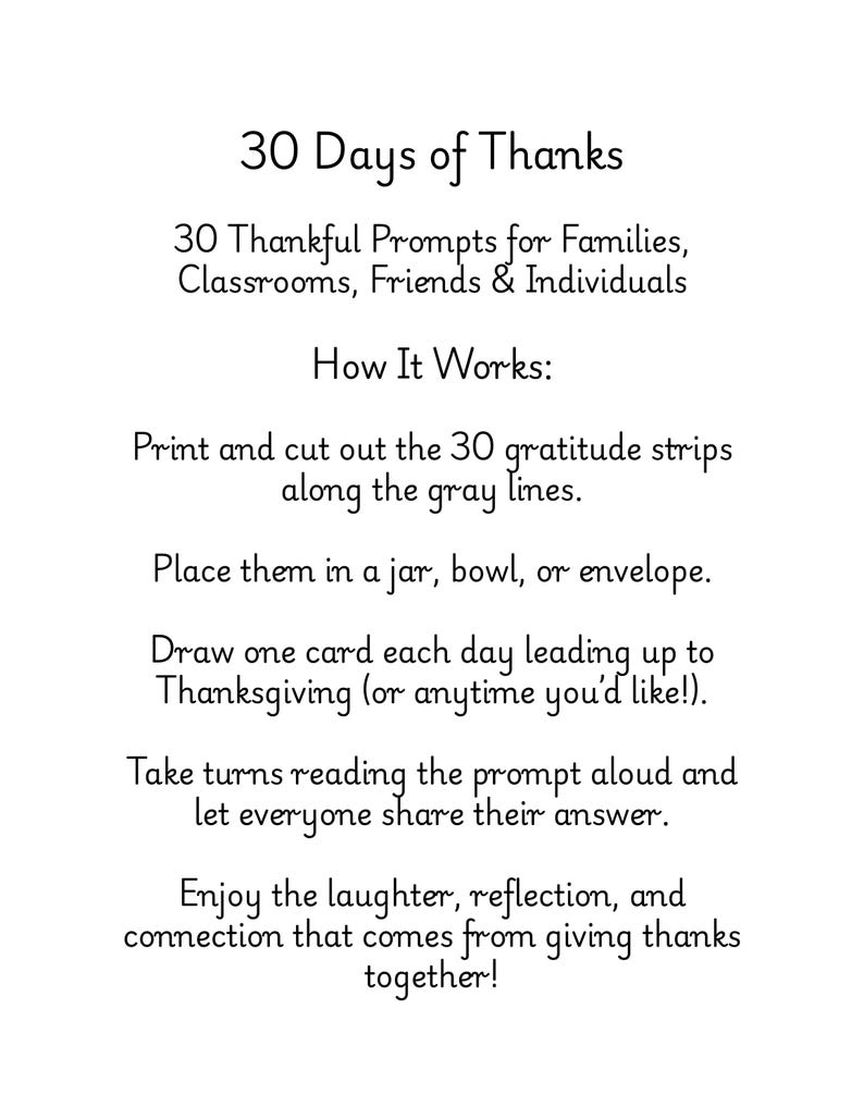 30 Days of Thanks Printable | Gratitude Game for Families & Classrooms ...