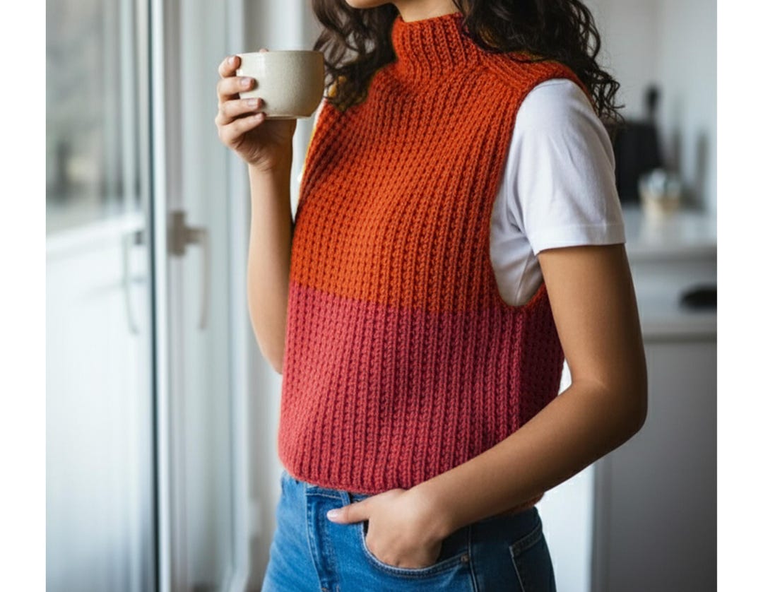 Two-tone Ribbed High-neck Vest Knitting Pattern PDF – Modern Sleeveless ...