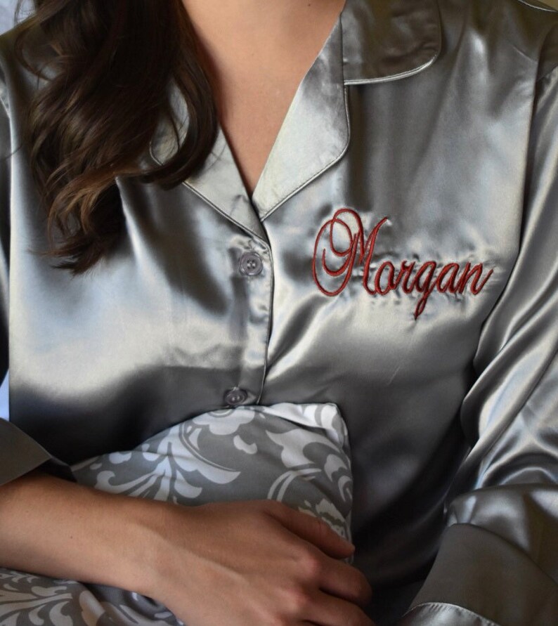 Grey Satin Pajama Set Personalized Sleep Top and Long Pants | Etsy