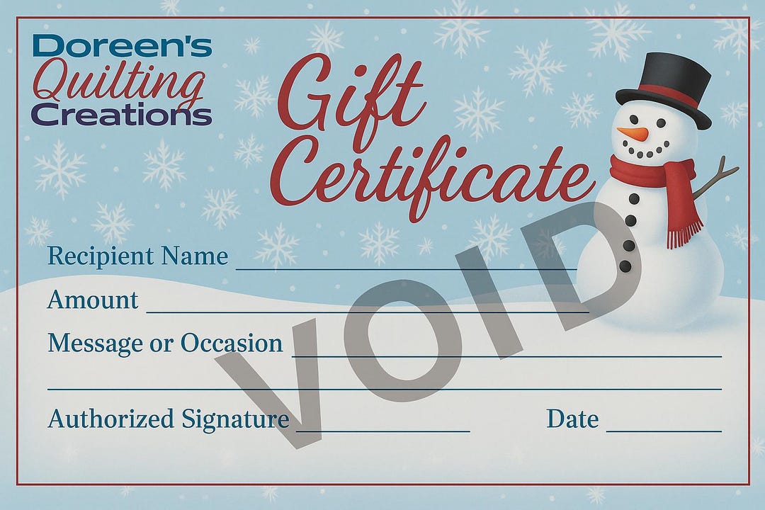 Gift Certificate – Snowman – 100 – Doreen’s Quilting Creations - Etsy