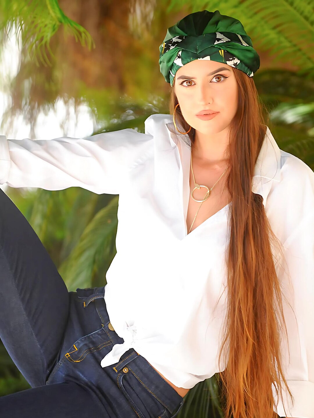 Italian Silk Turban: Green Palm Print Head Wrap, Silk Lined - Etsy