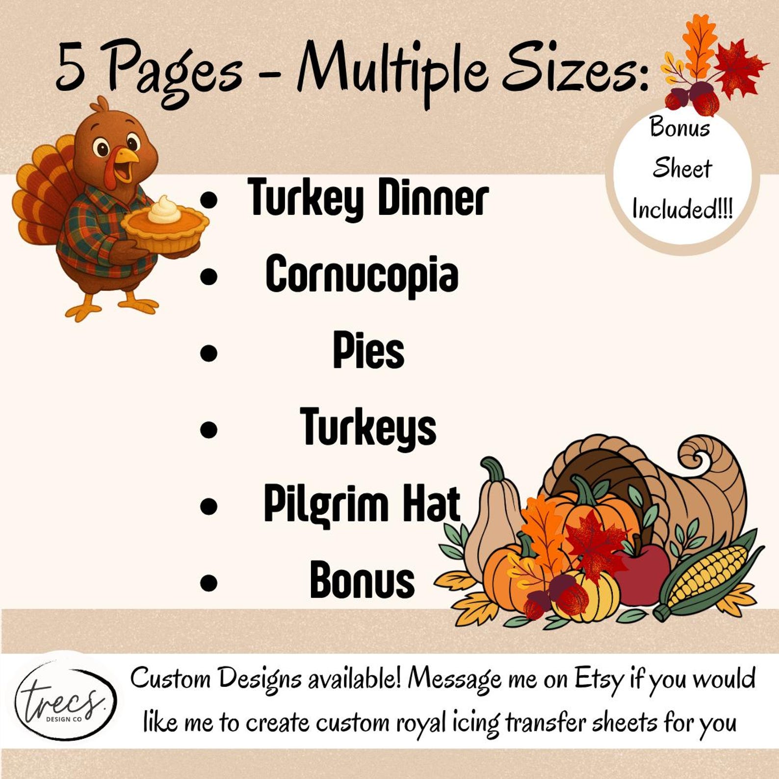 Thanksgiving Royal Icing Transfer Sheets: 5 Cookie Decorating Templates ...