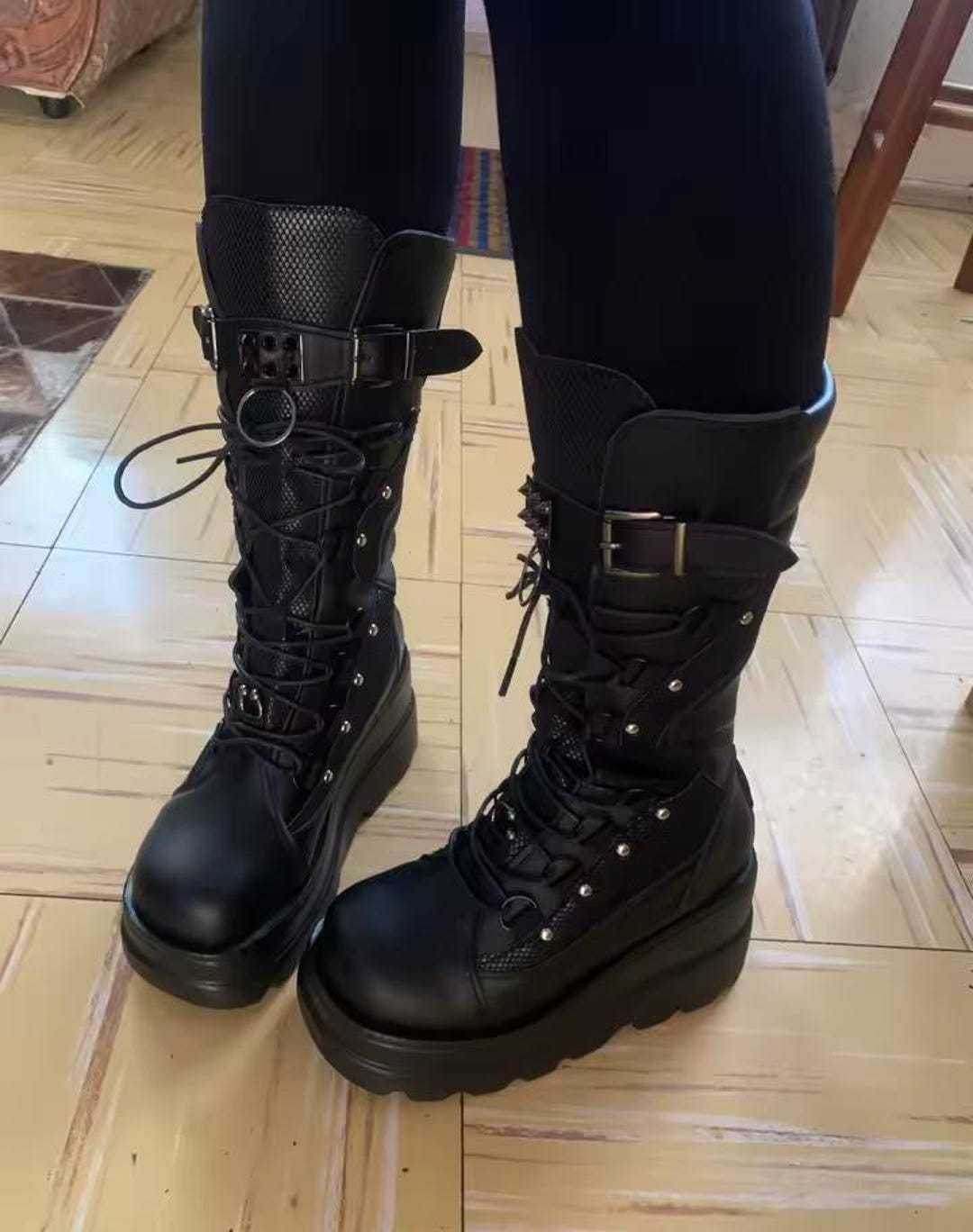 Ladies Black Goth Platform Mid-calf Punk Rivet Buckle Wedge Boots ...