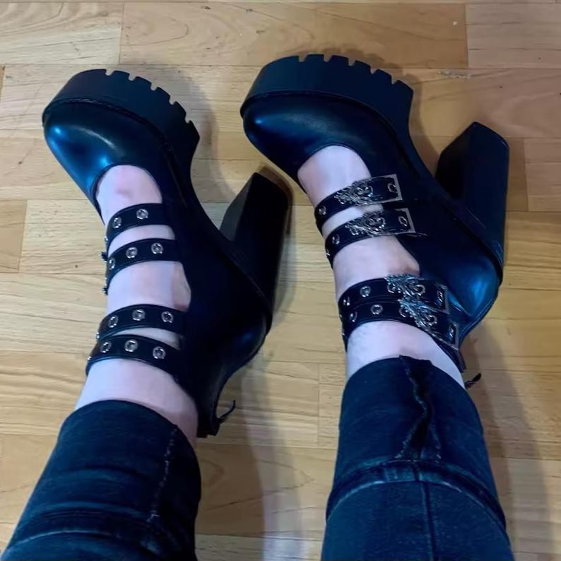 Stylish Back Zipper Black Goth Mary Jane Shoes Platform Block Heels ...