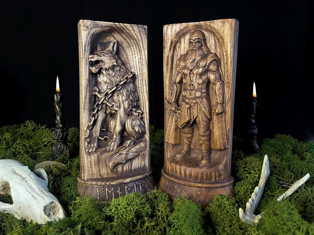 Thor & Fenrir Wooden Statues – Norse God and Viking Wolf Pagan ...