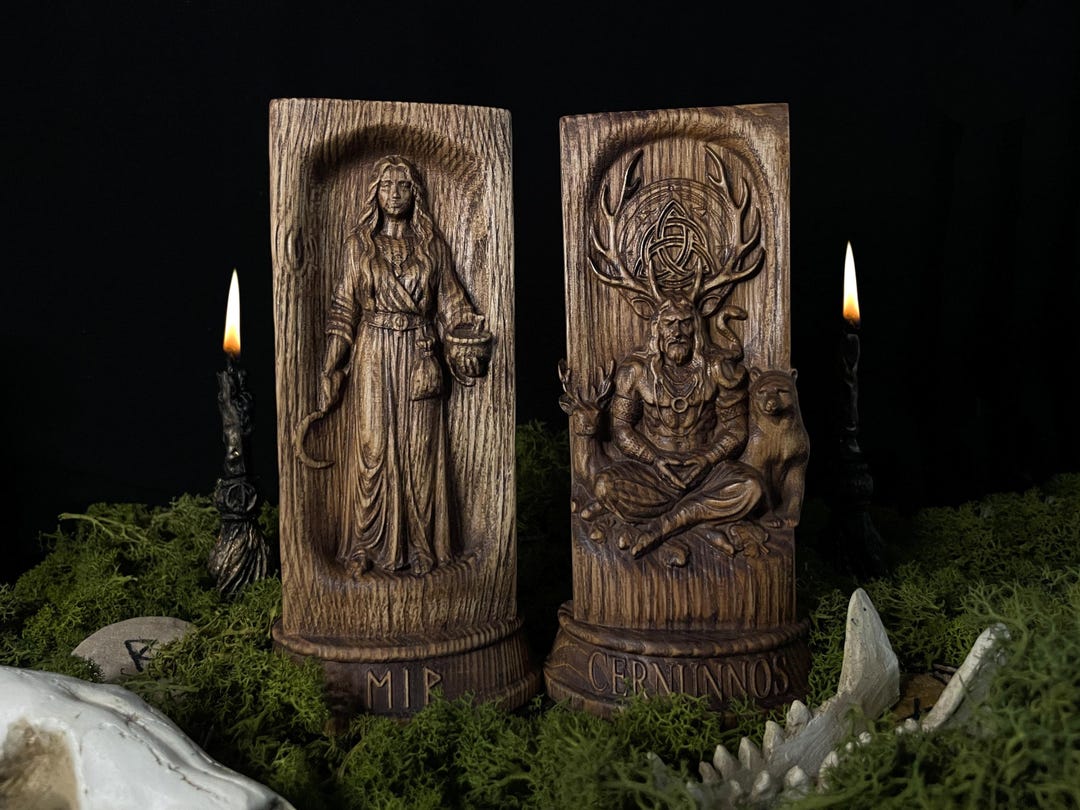 Cernunnos & Eir Wooden Pagan Statues – Celtic Horned God of Nature ...