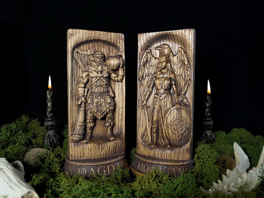 Dagda and Morrigan Statues – Handmade Celtic Gods Wooden Pagan Altar ...