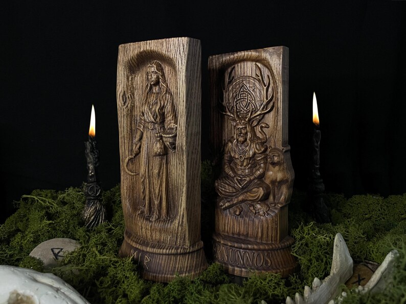 Cernunnos & Eir Wooden Pagan Statues – Celtic Horned God of Nature, Norse Goddess of Healing ...