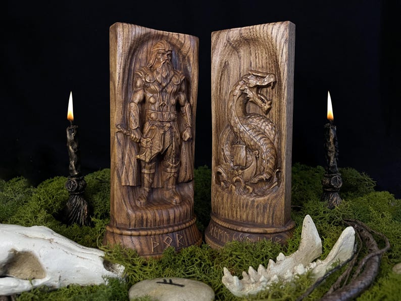 Handmade Wooden Thor & Jormungandr Statues – Norse Altar Decor - Etsy
