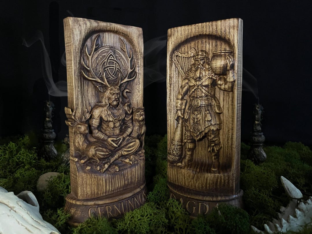 Cernunnos & Dagda Wooden Statue Set – Handmade Celtic Pagan Altar Decor ...