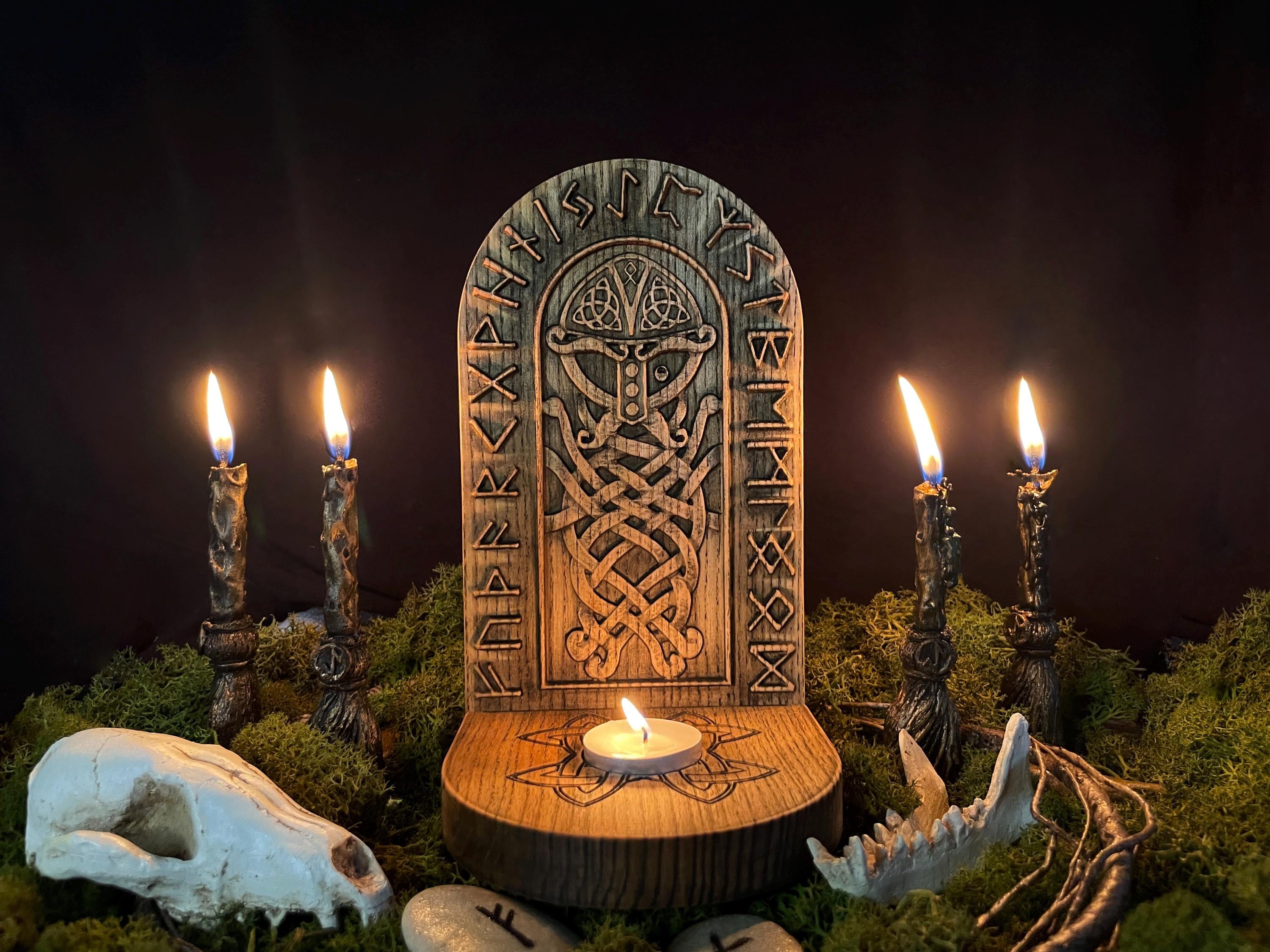 Odin Wooden Candle Holder – Viking God Altar Statue | Norse Pagan Decor ...