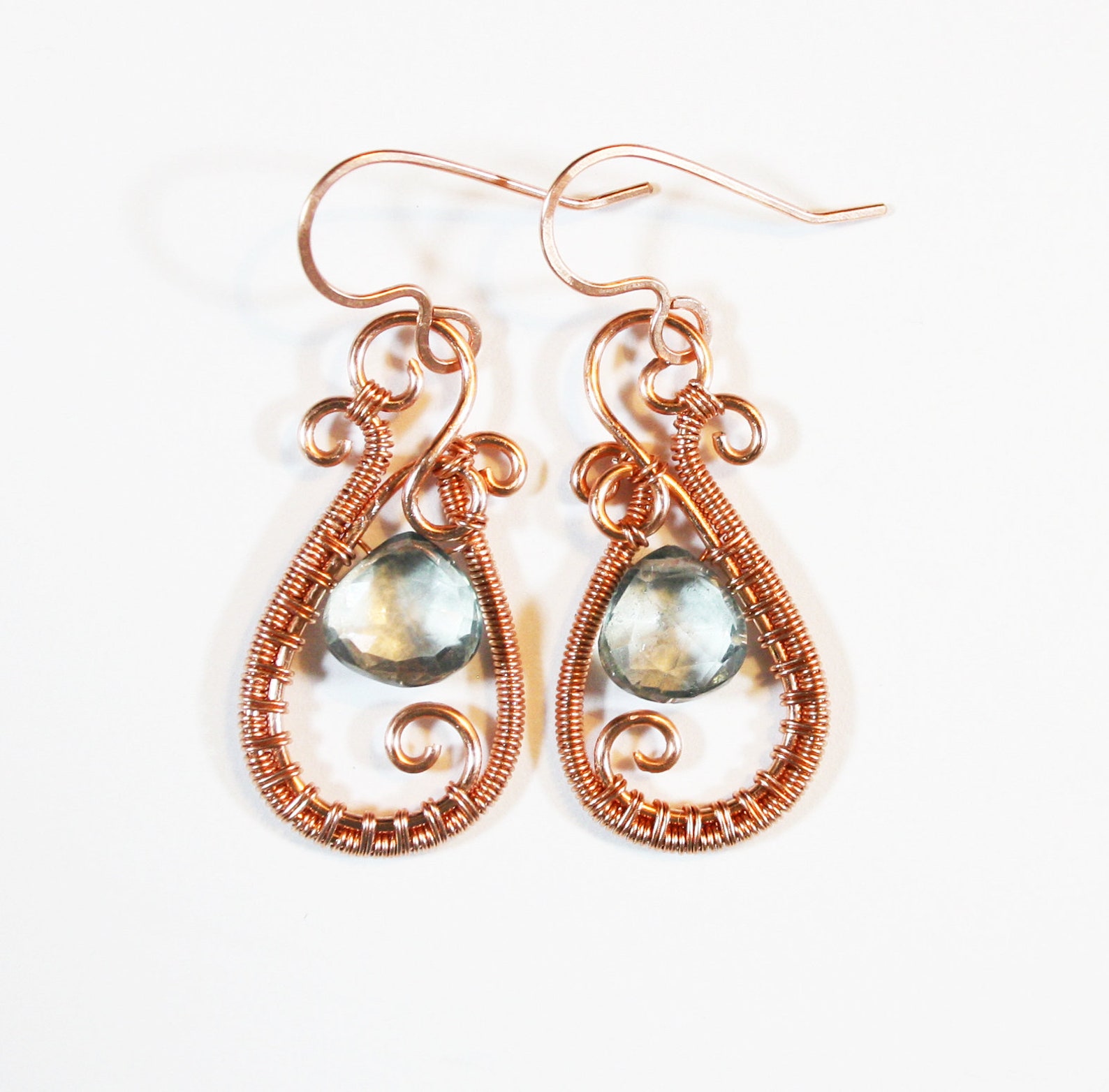Teardrop Swirl Dangle Earrings - Faceted Moss Green Quartz Briolettes ...