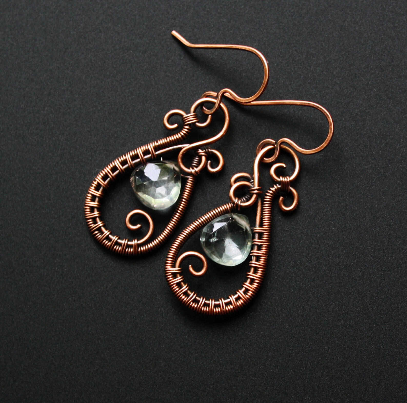 Teardrop Swirl Dangle Earrings - Faceted Moss Green Quartz Briolettes ...