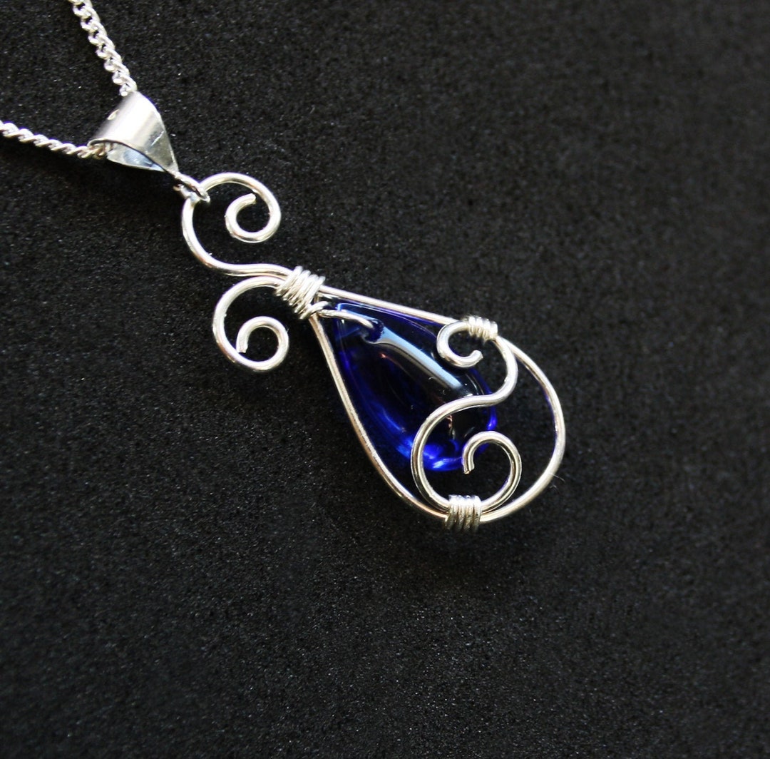 Royal Blue Teardrop Swirl Pendant - Rich Blue Pear Glass Briolette and ...