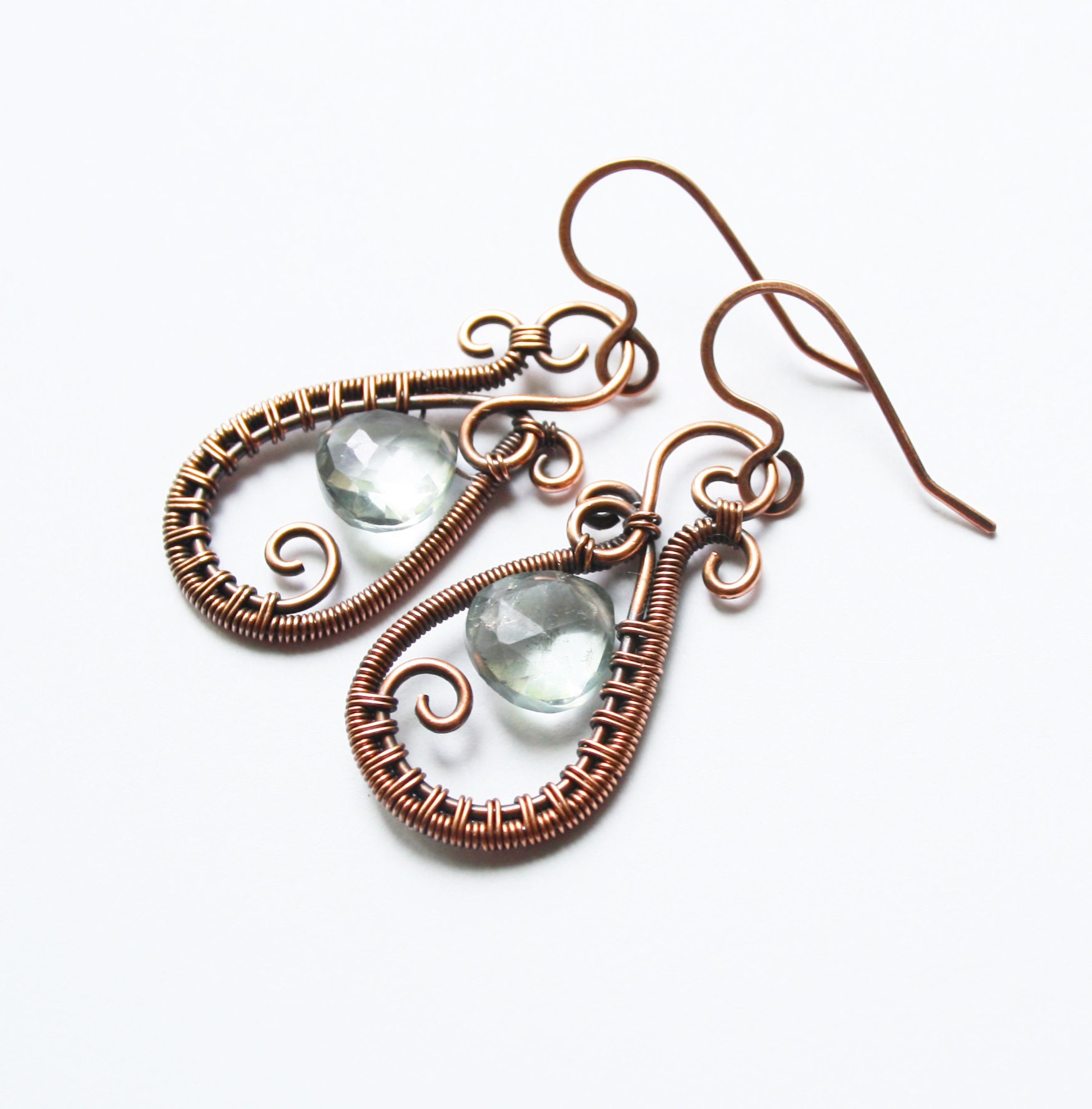 Teardrop Swirl Dangle Earrings - Faceted Moss Green Quartz Briolettes ...